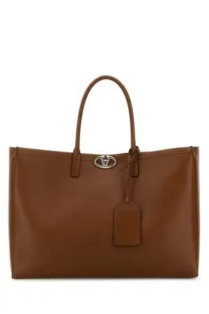 Valentino Garavani Vlogo Leather Shopping Handbag With Gunmetal Finishing - Brown