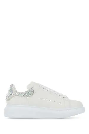 Alexander McQueen Leather Sneaker With Embellished Suede Heel - White