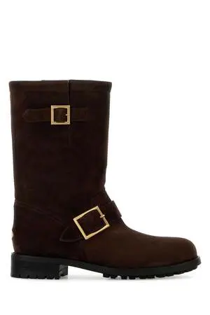JIMMY CHOO Mid-height Suede Biker Ankle Boots With Buckle Detail - Brown