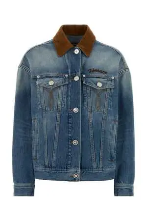 Versace Denim Jacket With Lamb Skin Trim - Blue