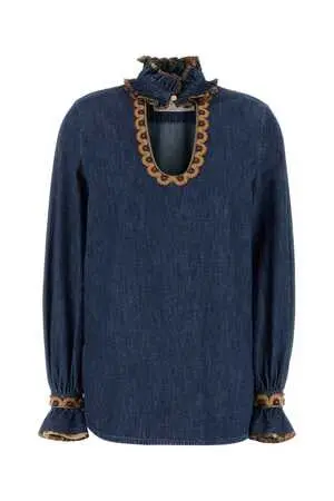 Valentino Garavani Chambray Denim Blouse With Embellished Collar And Cuffs - Blue