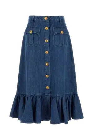 Valentino Garavani Button-detailed Denim Midi Skirt With Ruffle Hem - Light Blue