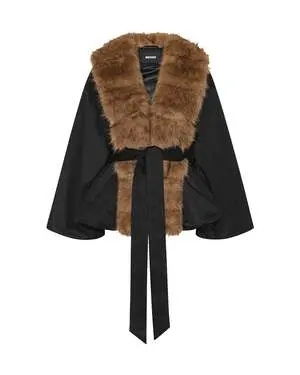 ROTATE BY BIRGER CHRISTENSEN Faux Fur Trim Cape Coat - Black