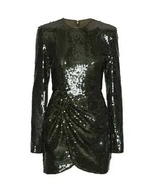 ROTATE BY BIRGER CHRISTENSEN Sequin Long Sleeve Draped Mini Dress - Black Olive