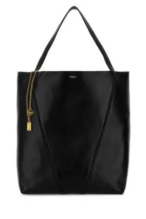 Chloé Large Spin Shopping Handbag In Calf Leather With Antiqued Gold-tone Hardware - Black