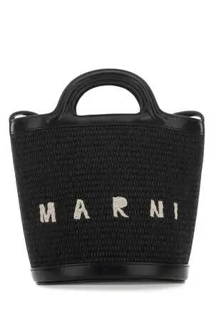 Marni Tropicalia Mini Bucket Bag With Leather And Raffia, 17cm - Black