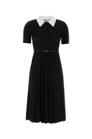 Tory Burch T Monogram Pointelle Knit Pleated Midi Dress With Belt