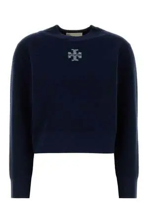 Tory Burch Wool-blend Knit Sweater With Logo Applique - Blue