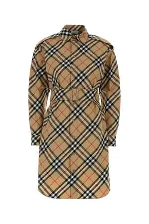Burberry Embroidered Cotton Shirt Dress With Classic Collar And Checks - Checked