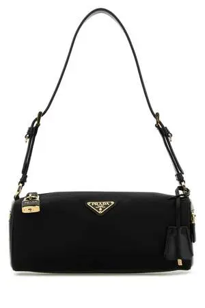 Prada 28 Cm Nylon Shoulder Crossbody Handbag With Golden Metal Hardware And 30-35 Cm Handle - Black