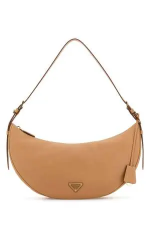 Prada Peach Leather Large Demi-lune Crossbody Handbag With Golden Hardware - Orange