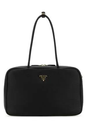 Prada Deer Leather Shoulder Handbag With Gold-tone Hardware - Black