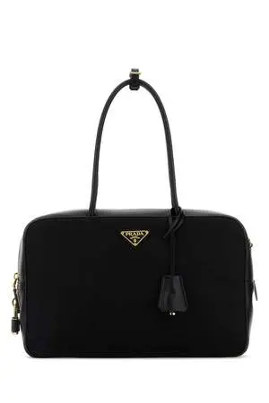 Prada Calf Leather And Re-nylon Handbag With Golden Metal Finishing