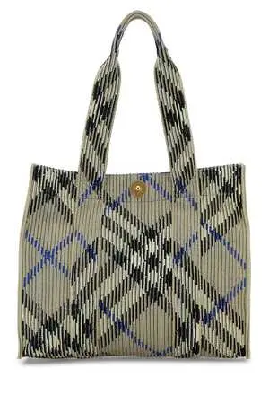 Burberry Embroidered Canvas Shopping Handbag, 33cm X 24cm X 13cm With Leather Handles - Checked