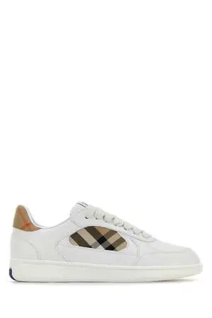 Burberry Lace Up Leather Sneakers With Checked Detailing - White
