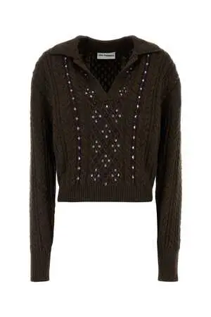 DES_PHEMMES Ribbed Knit Sweater With Embellished V-neck