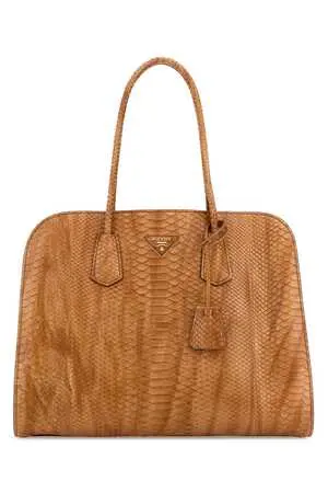 Prada Style Python Leather Shopping Handbag With Golden Hardware - Orange