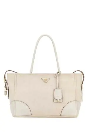 Prada Large Canvas Shopping Handbag With Adjustable Strap - White