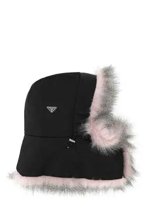 Prada Re-nylon Hat With Fur Trim - Black