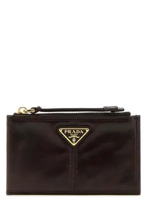 Prada Prada Mini Leather Card Holder With Golden Hardware Brown