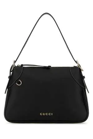Gucci Gg Emblem Medium Leather Shoulder Handbag With Leather And Fabric Lining - Black