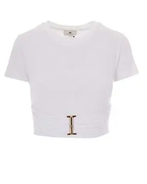 Elisabetta Franchi Short Sleeve T-shirt With Logo Buckle Detail - Gesso