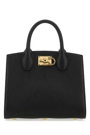 FERRAGAMO The Studio Leather Handbag With Antiqued Golden Metal Hardware - Black