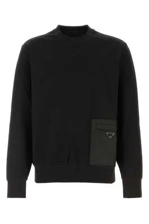 Prada Stretch Viscose-polyamide T-shirt Sweatshirt With External Pocket And Calf Leather Detail - Black