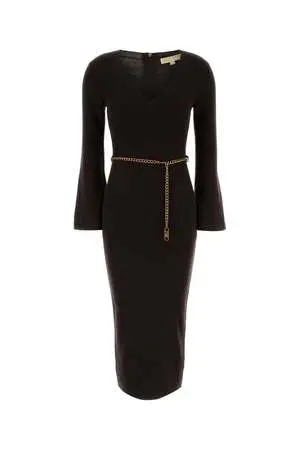 Michael Kors Ribbed Wool Blend Midi Dress With Chain Belt