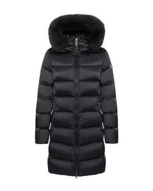 COLMAR Long Quilted Down Coat With Faux Fur Hood - Black