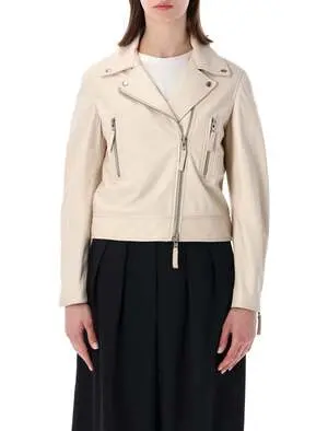 SWORD 6644 Cropped Leather Biker Jacket - Oyster