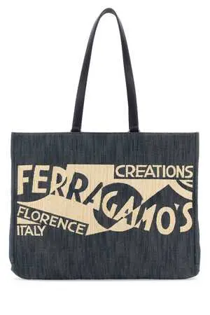 FERRAGAMO Large Denim Tote Bag With Tt Sign Logo - Blue