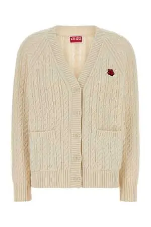 Kenzo Cotton-wool Blend Cable Knit Cardigan With Rose Appliqu