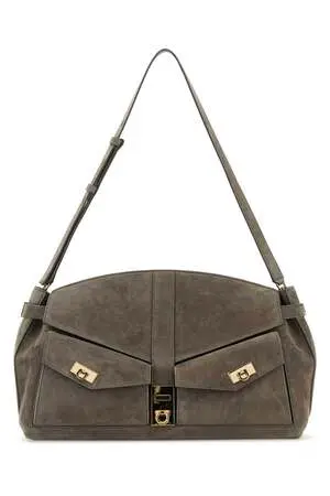 FERRAGAMO Suede Shoulder Handbag With Golden Metal Finishing, 35 X 23 X 17 Cm - Grey