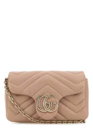 Gucci Powder Leather Mini Gg Marmont Shoulder Handbag With Platinum Finish, Crossbody Strap, 16.5 Cm X 9.5 Cm X 4.5 Cm - Pink