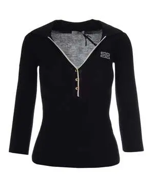 Elisabetta Franchi Long Sleeve Ribbed Knit Polo Top