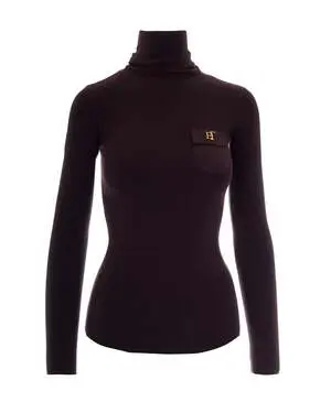 Elisabetta Franchi Ribbed Turtleneck Sweater With Chest Pocket - Dark Chocolate
