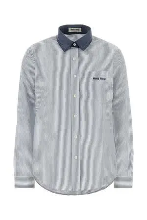 Miu Miu Striped Cotton Poplin Shirt With Embroidered Logo - Stripped