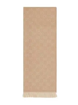 Gucci Gg Jacquard Wool Scarf With Fringed Trim - Beige