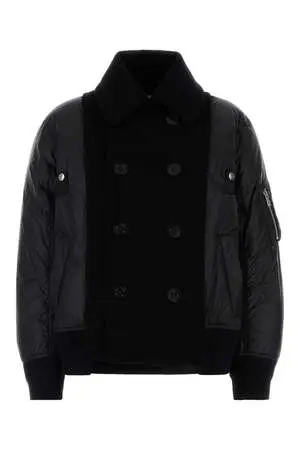Sacai Nylon Sown Jacket With Wool Detail And Down Insulation - Black