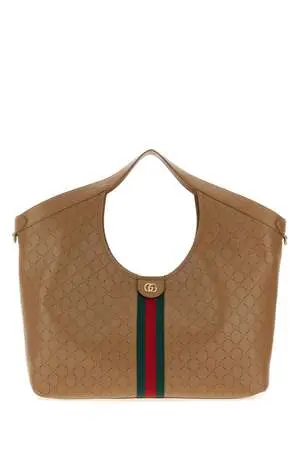 Gucci Large Leather Shopping Handbag With Golden Metal Hardware - Camel
