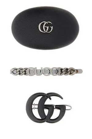 Gucci Leather And Metal Hair Clips Set - Black