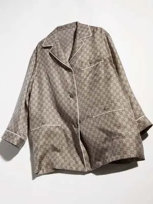 Gucci Gg Print Silk Shirt With Piping Trim - Beige