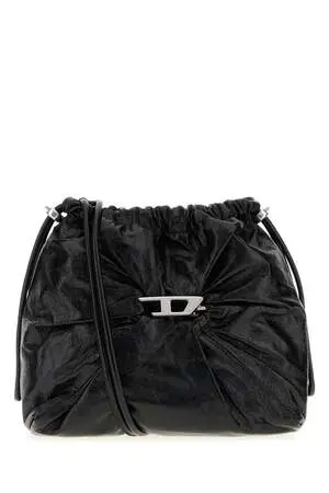 DIESEL® Style Leather Scrunch-d Bucket Handbag With Adjustable Shoulder Strap - Black