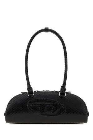 DIESEL® Dome Shoulder Handbag In Leather With Silver Hardware, 32 Cm Width - Black