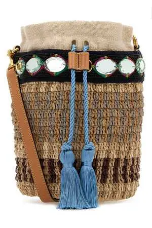 Valentino Garavani Embroidered Raffia Bucket Handbag With Vlogo Detail, 15cm X 19cm X 11cm - Printed