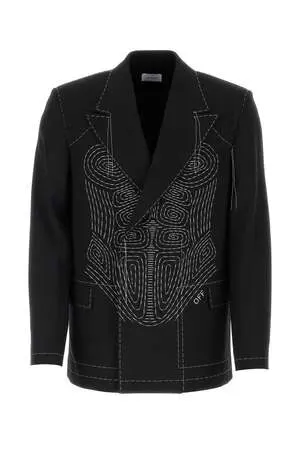Off-White Inspired Stretch Blazer In Polyester Wool Blend - Black