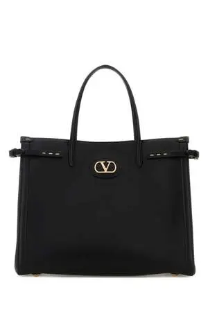 Valentino Garavani Vlogo Signature Leather Shopping Handbag - Black