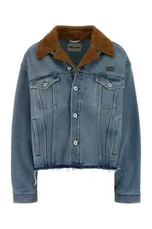 Miu Miu Denim Trucker Jacket With Brown Collar - Blue