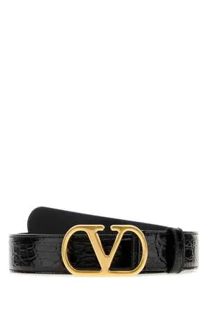 Valentino Garavani 3 Cm Crocodile Leather Belt With Golden Metal Finishing - Black